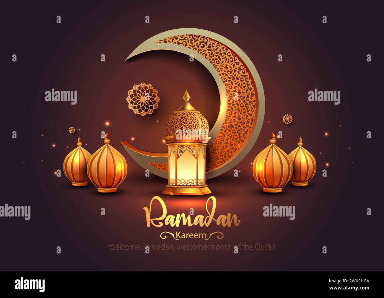 Ramadan Kareem art greetings with golden lantern and dark background ...