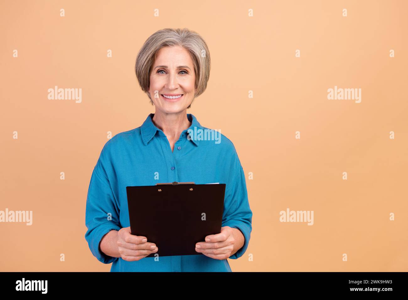 Portrait of good mood smart person with white gray hair wear stylish ...