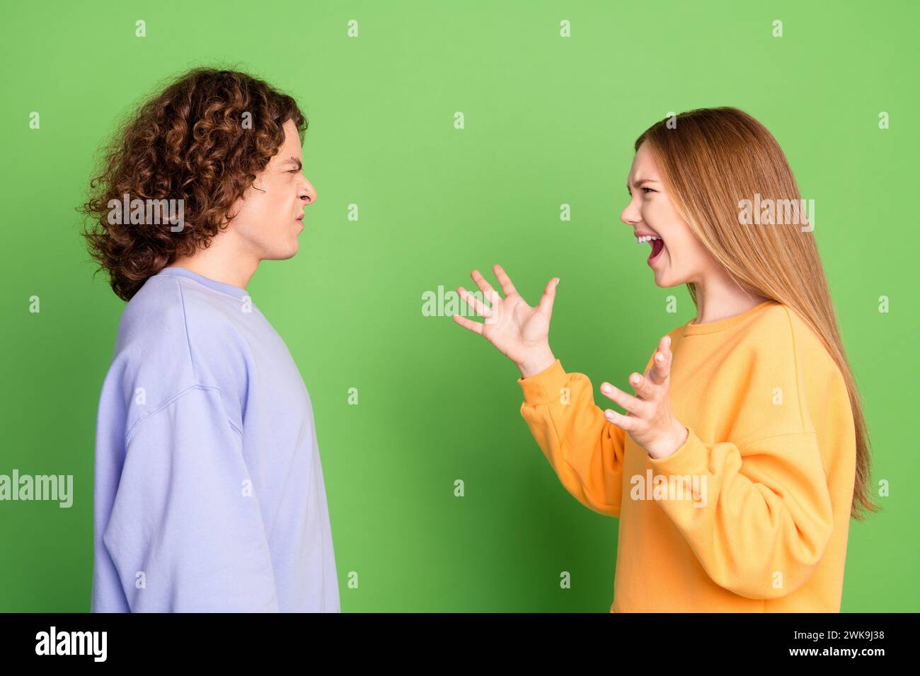 Profile portrait of two outraged people conflict yell look each other ...