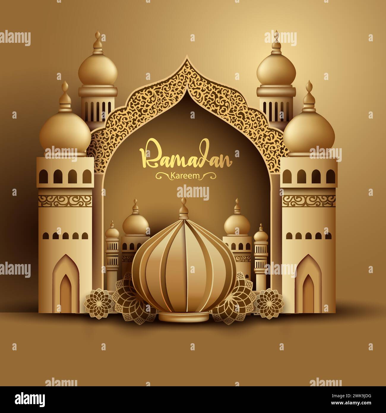 Ramadan Kareem art greetings with golden mosque and yellow background ...