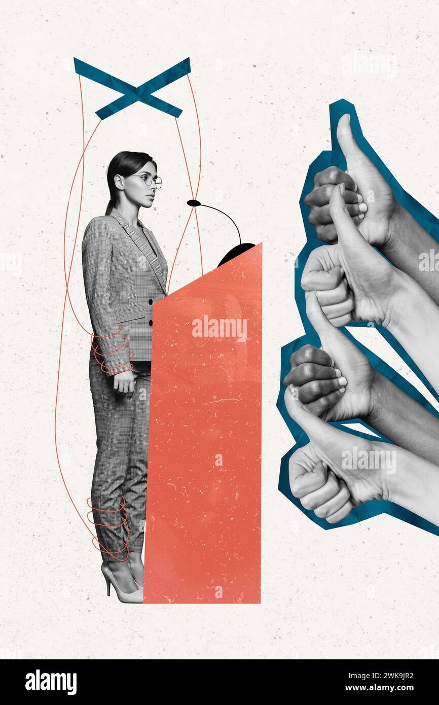 Vertical magazine photo collage image of marionette woman controlled by ...