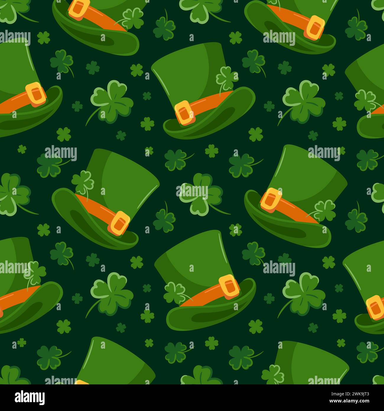 Seamless pattern of St. Patricks Day symbols. Leprechauns, top hat ...