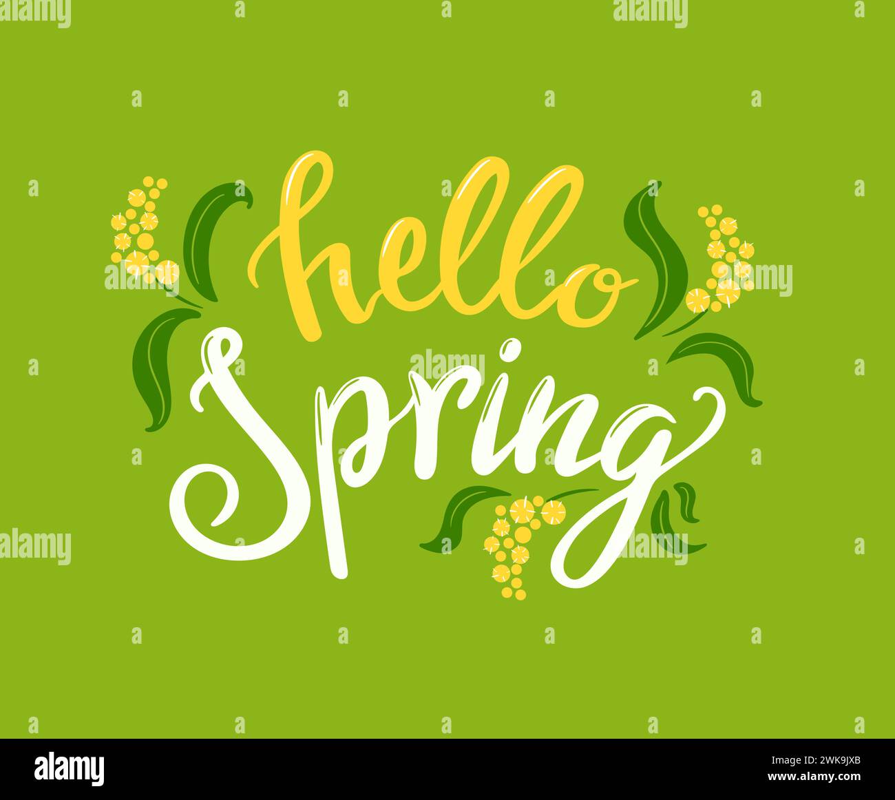 Hello Spring. First flowers, mimosa. Minimalistic flat style, vector ...