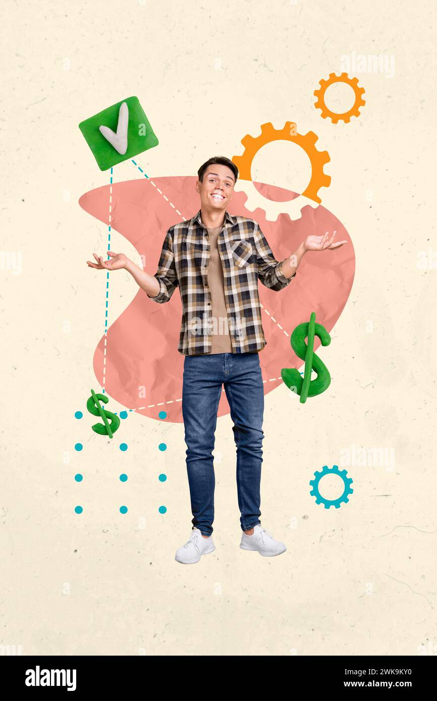 Vertical artwork photo collage of positive wealthy young guy shrug ...