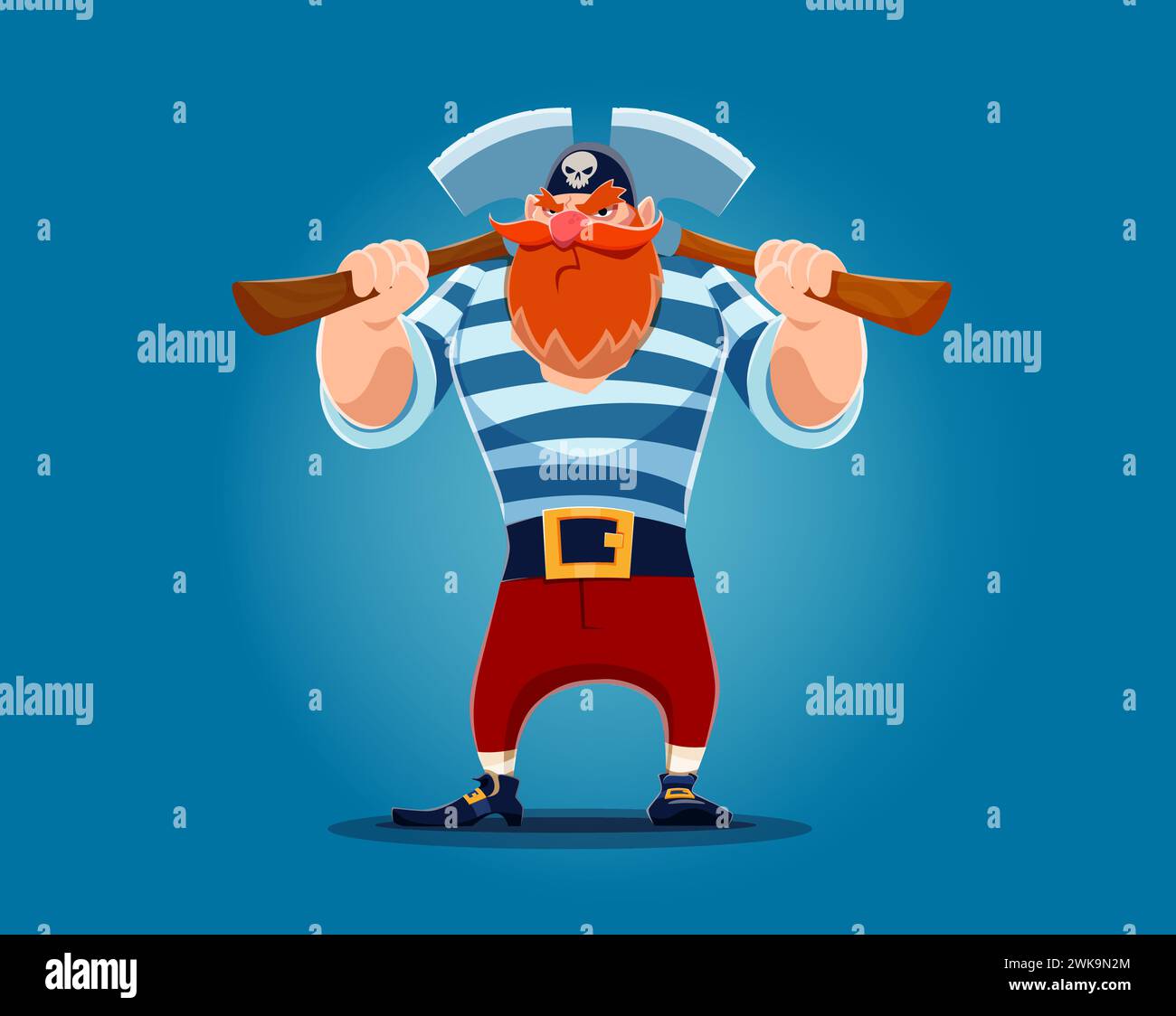 Cartoon sailor pirate character, corsair with crossed axes. Isolated vector bearded rover with ...