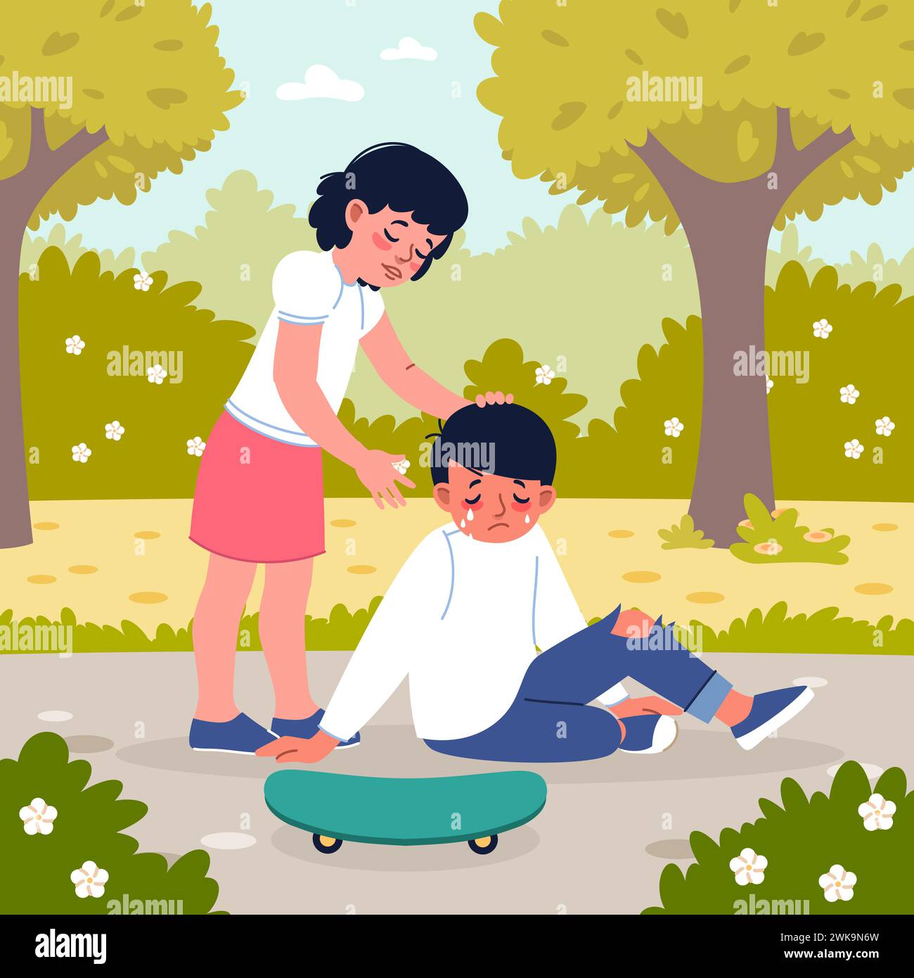 Friends supports. Sad little boy falling, girl comforts crying friend ...