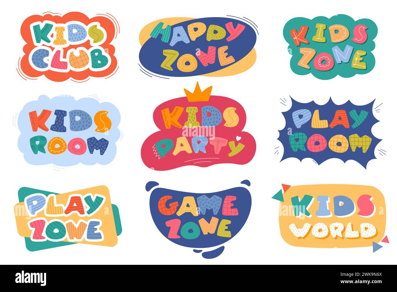 Kids zone signs. Colorful childish emblems, playroom labels, playful ...