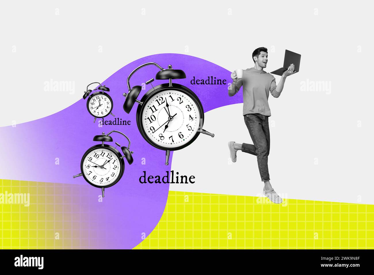 Poster artwork collage of smiling handsome guy holding netbook ...