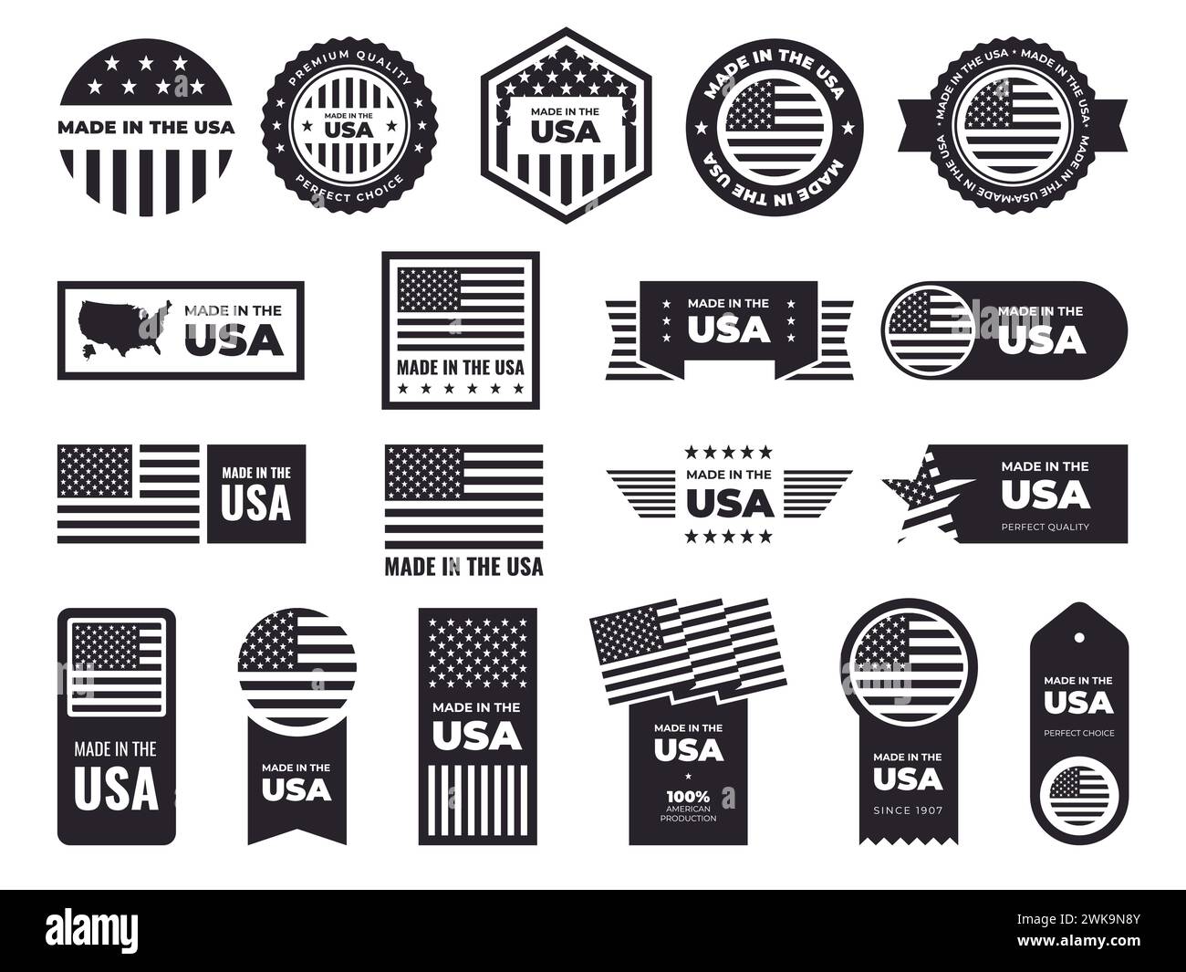 Made in USA black stamps. American labels, quality product emblems ...