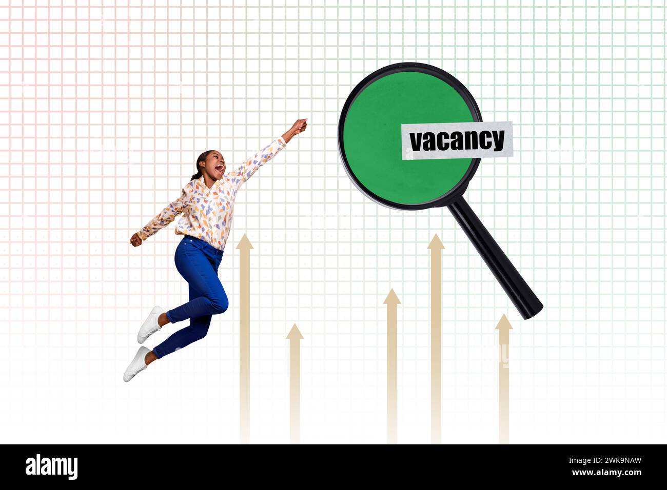 Creative collage happy young girl jumping ambition reach vacancy job ...