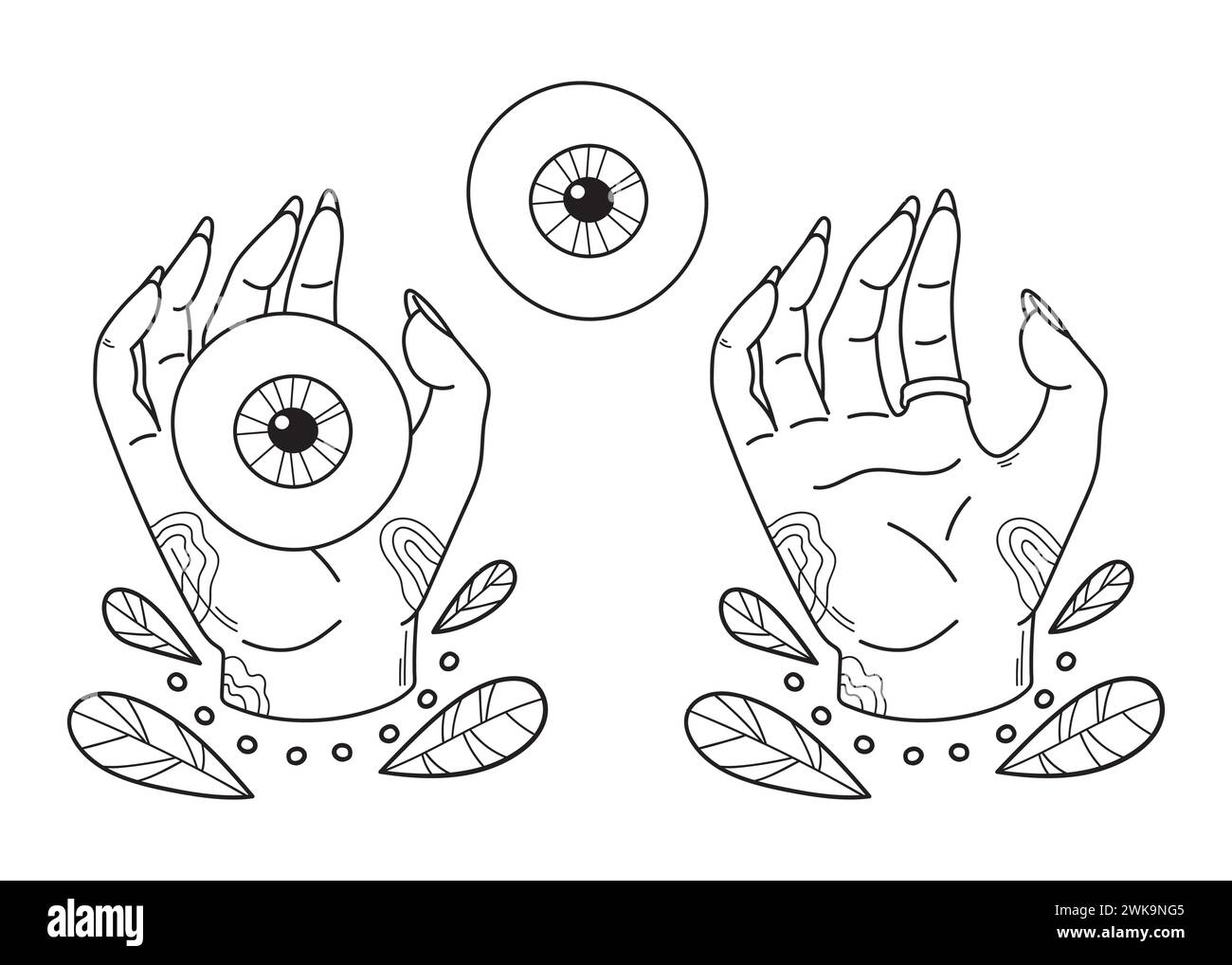 Mystical witch hand holds eye surrounded by plants. Hand drawn magical ...