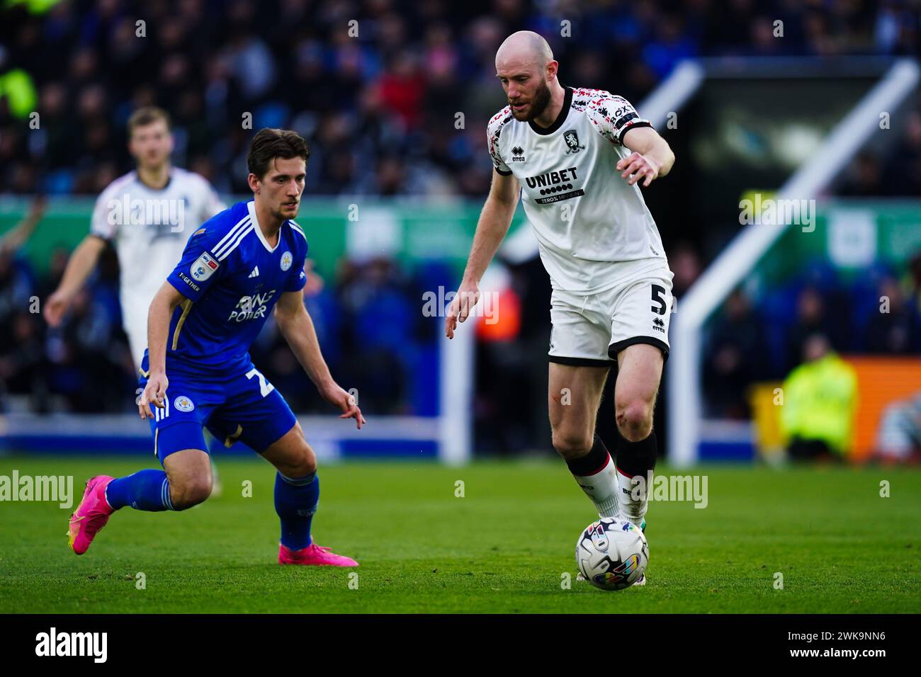Middlesbrough's Matthew Clarke challenges Leicester City's Dennis Praet ...
