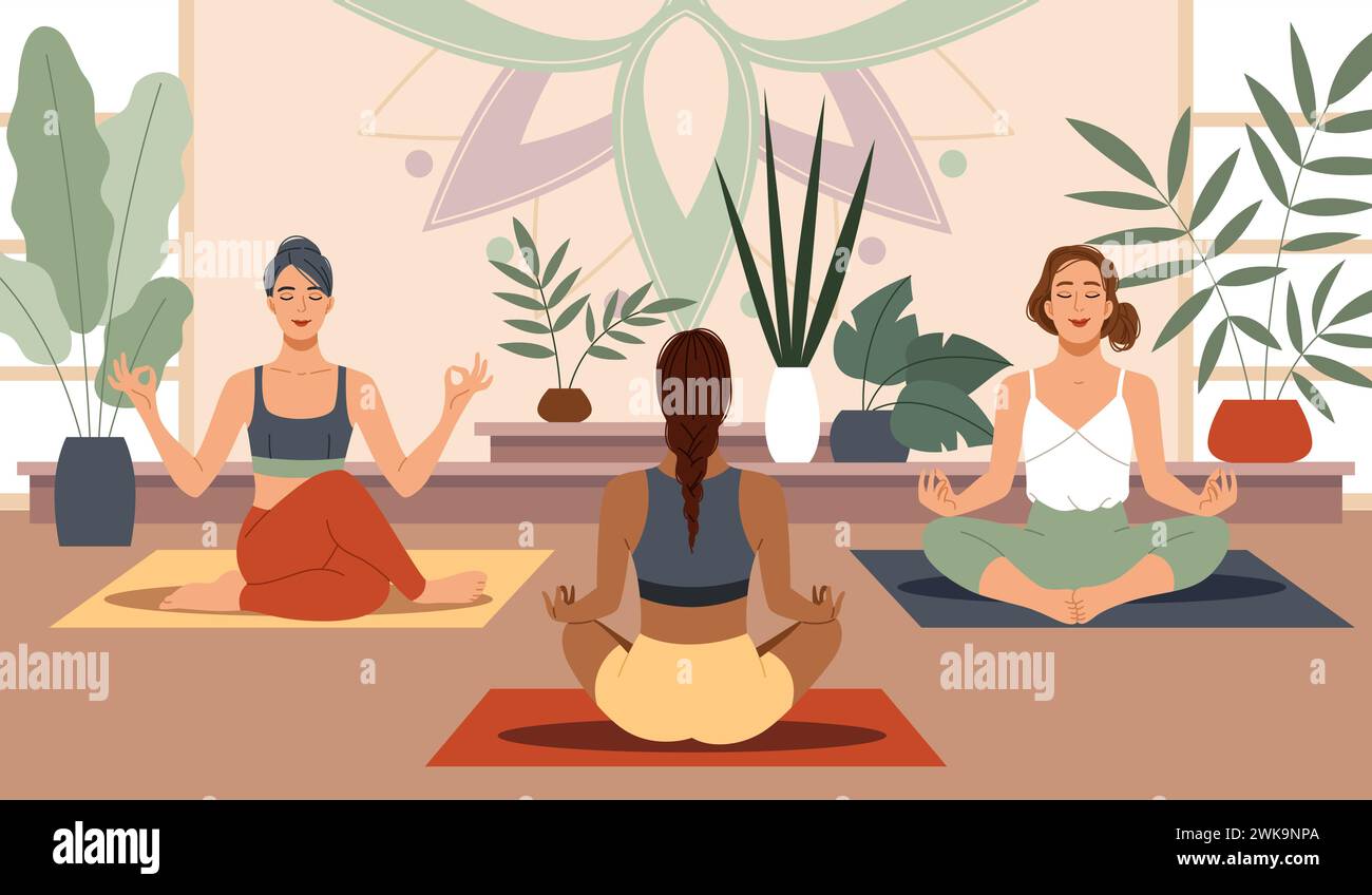 Group yoga class. Beautiful women meditate in lotus position, front and ...