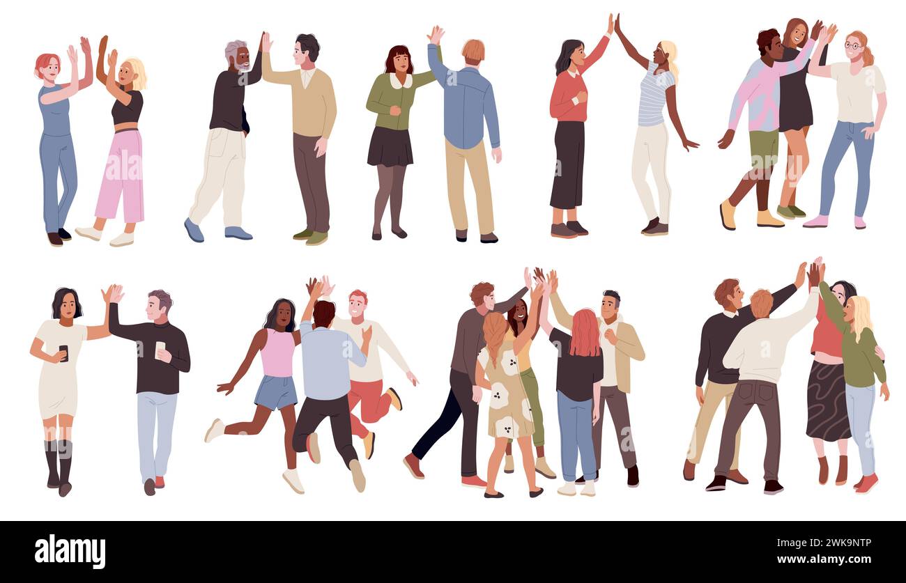 Cartoon people groups high five. Happy friends beat off hands, success ...