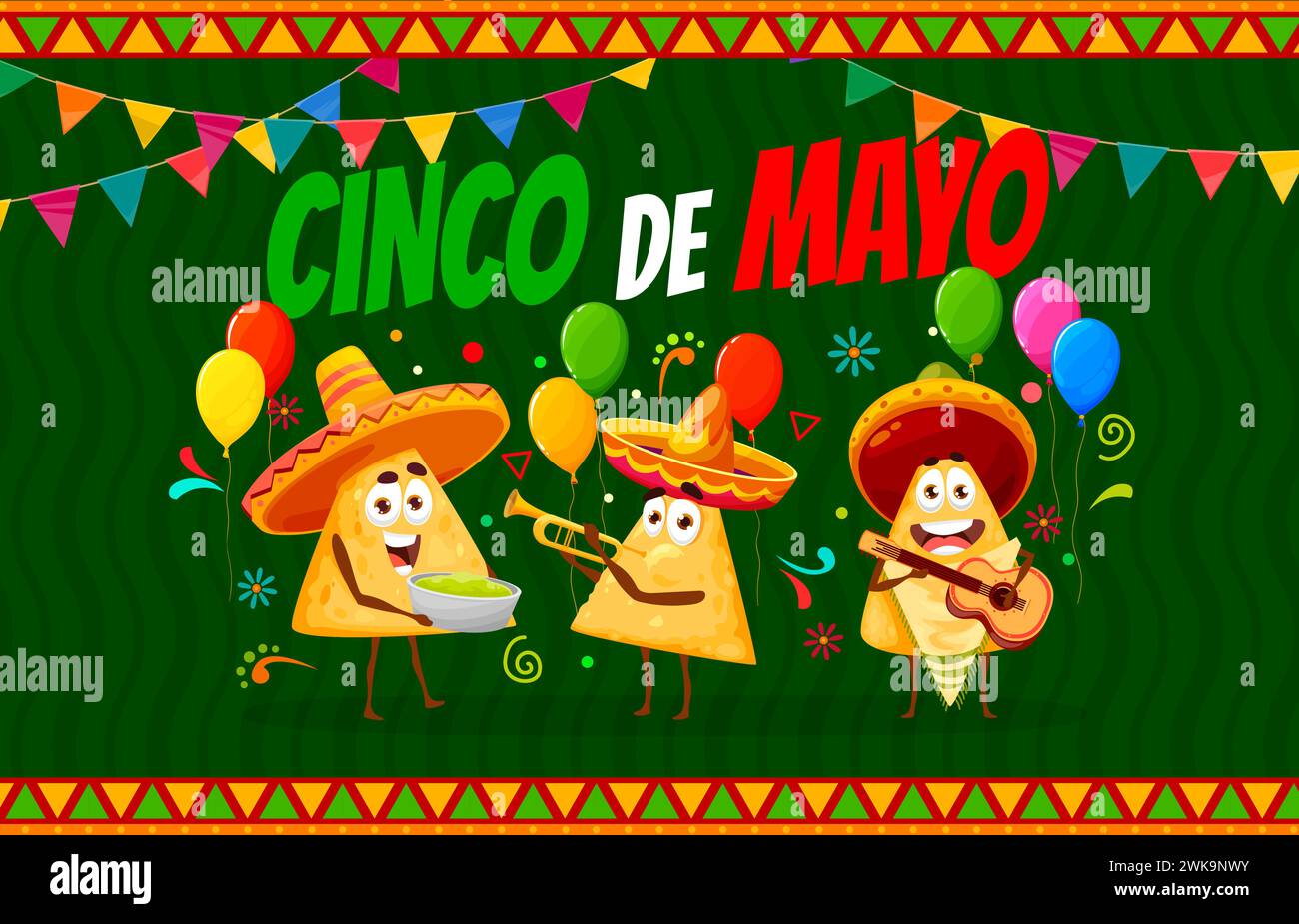 Cinco de Mayo Mexican holiday banner with Tex Mex nachos chips musician ...