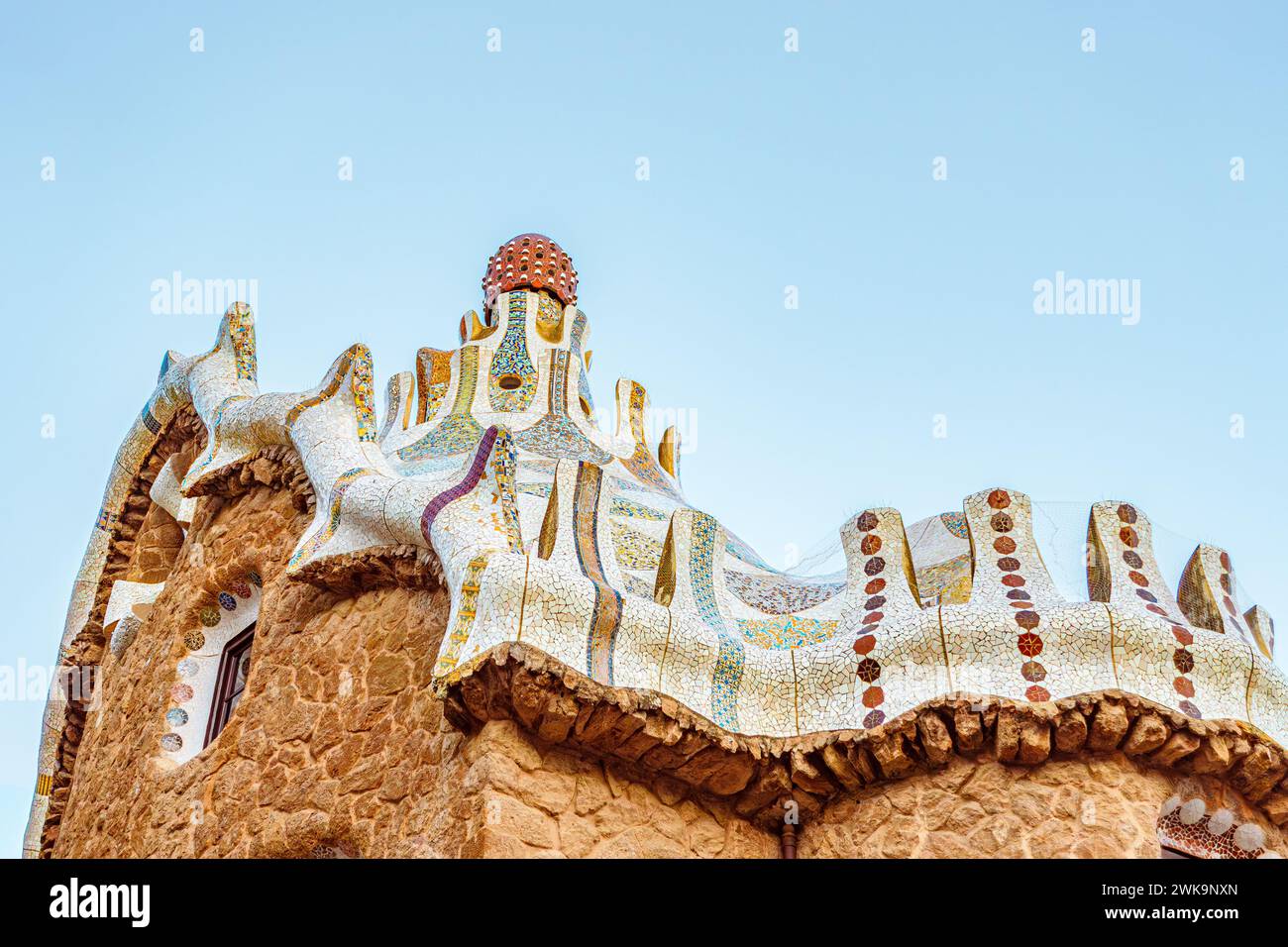 Barcelona, Gaudi Park Guell, modernist colorful house. Mosaic roof ...