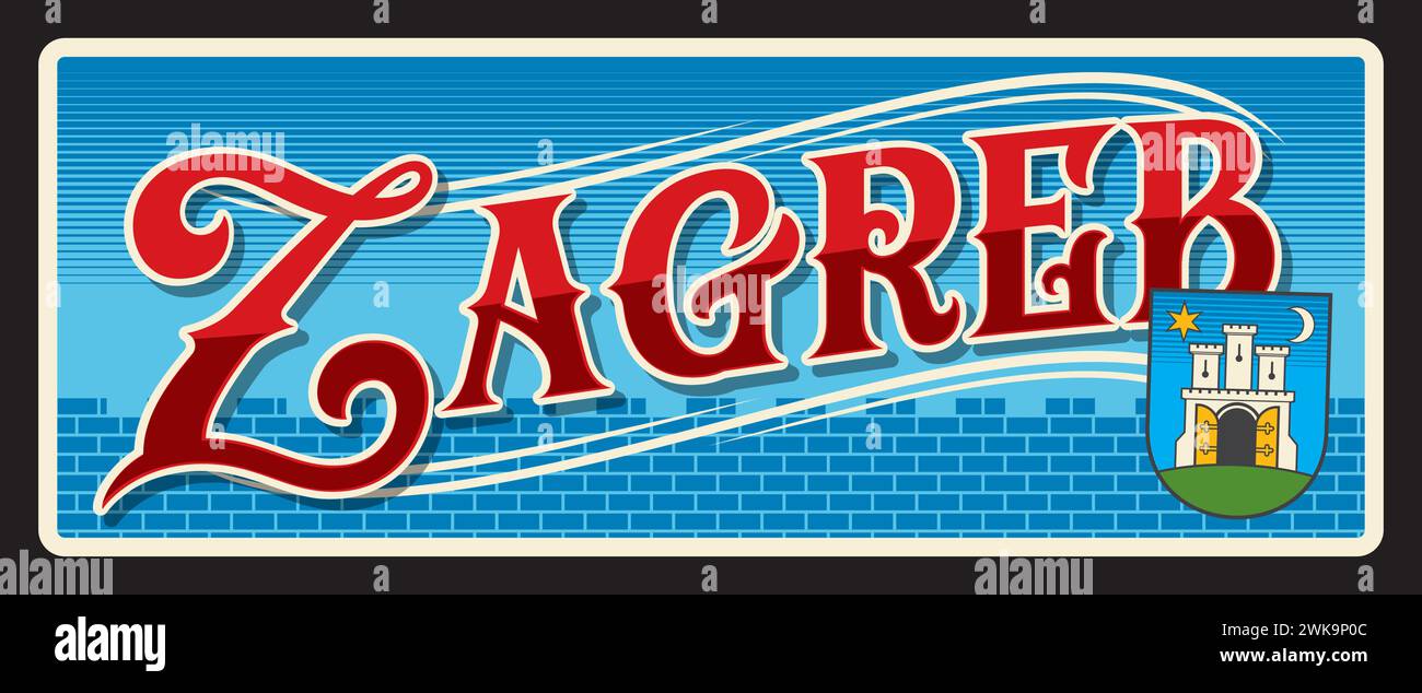 Zagreb capital city of Croatia, Southeast Europe. Vector travel plate ...