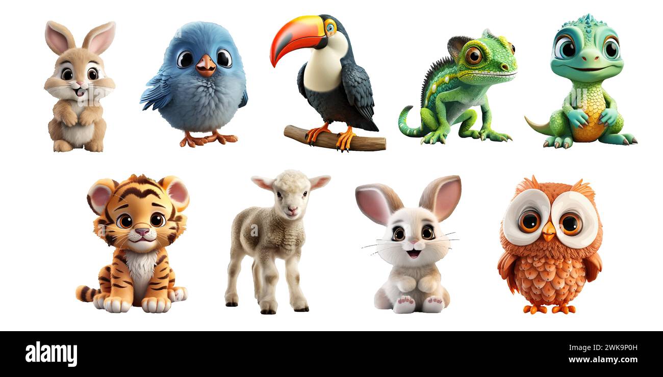 A set of 3d objects owl, chameleon, frog, bird, tiger, rabbit, toucan ...