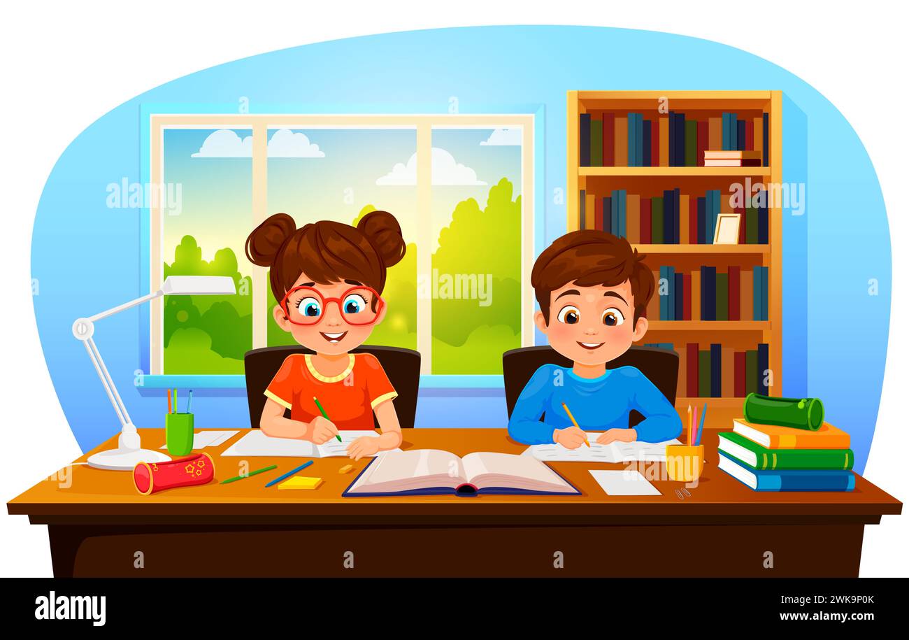 Cartoon boy and girl making homework, cheerful pupils writing in ...
