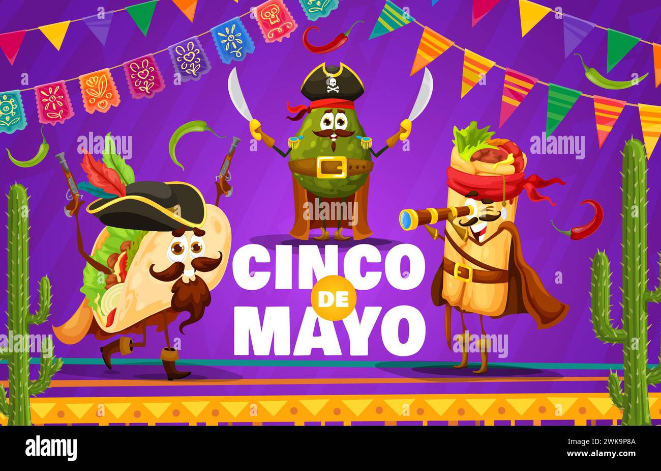 Cinco de Mayo mexican holiday banner with avocado, tacos and burrito ...