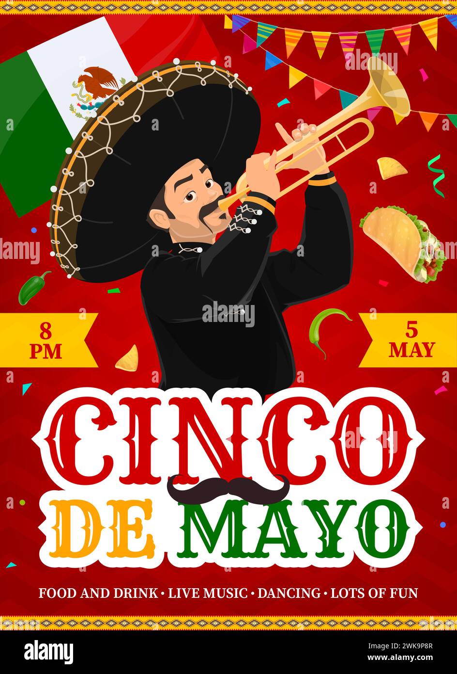 Mexican mariachi musician man on Cinco De Mayo holiday party flyer ...