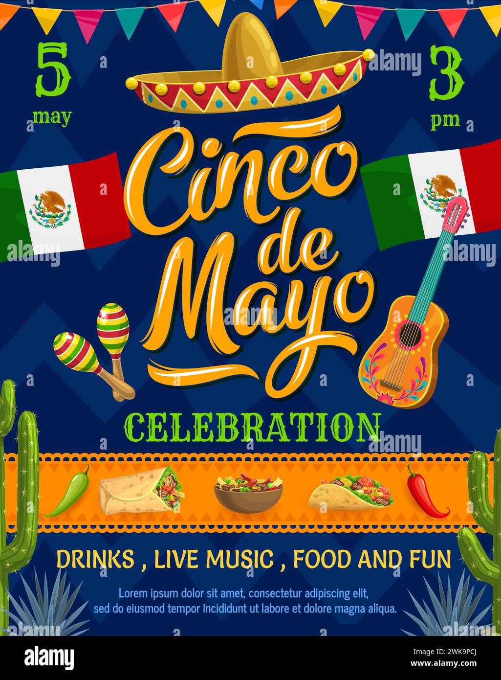 Cinco de Mayo Mexican holiday flyer with sombrero, guitar and Mexico ...