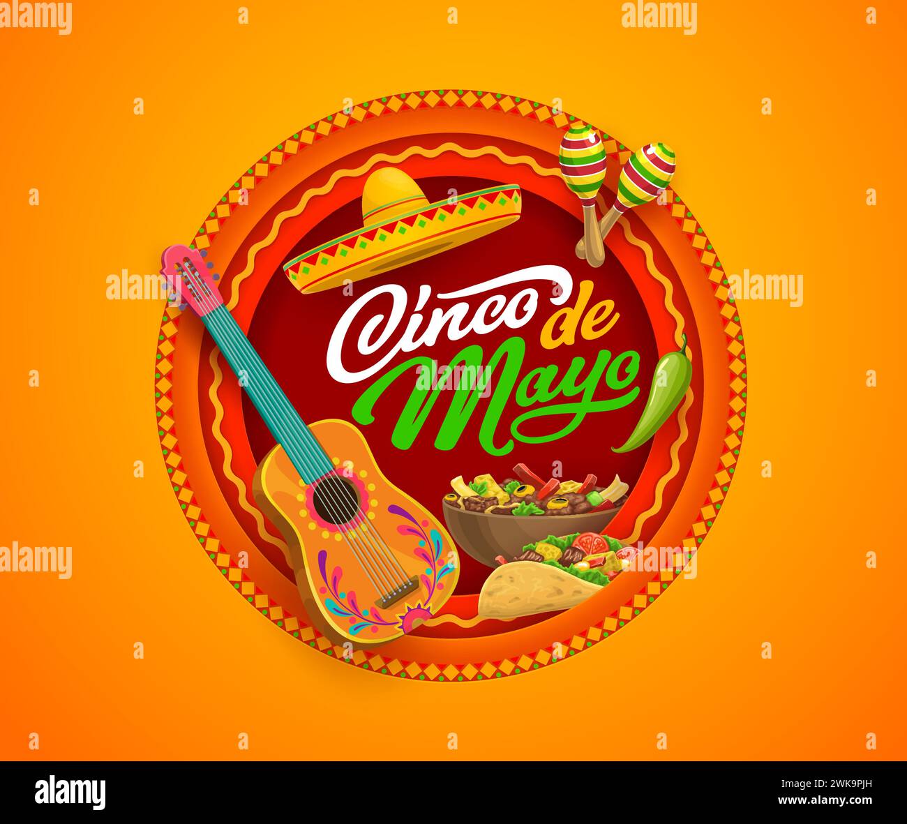 Mexican cinco de mayo holiday paper cut banner with sombrero, guitar ...