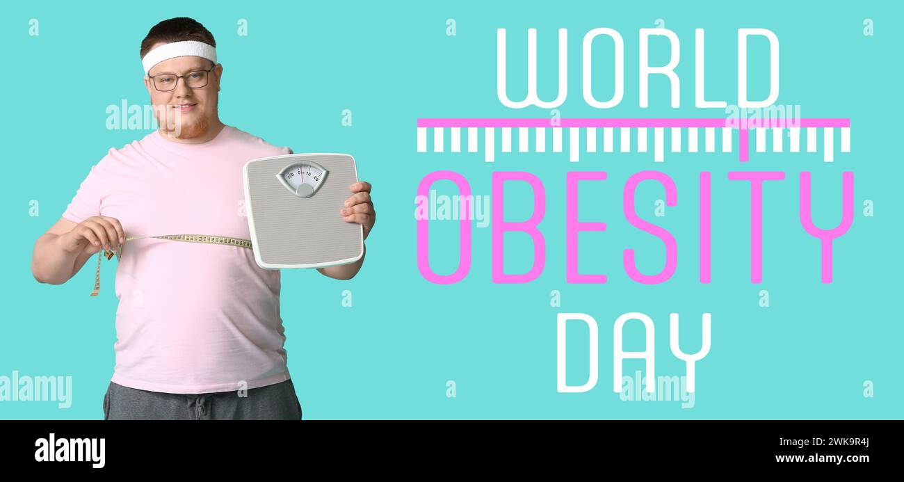 Banner for World Obesity Day with overweight man holding scales and ...