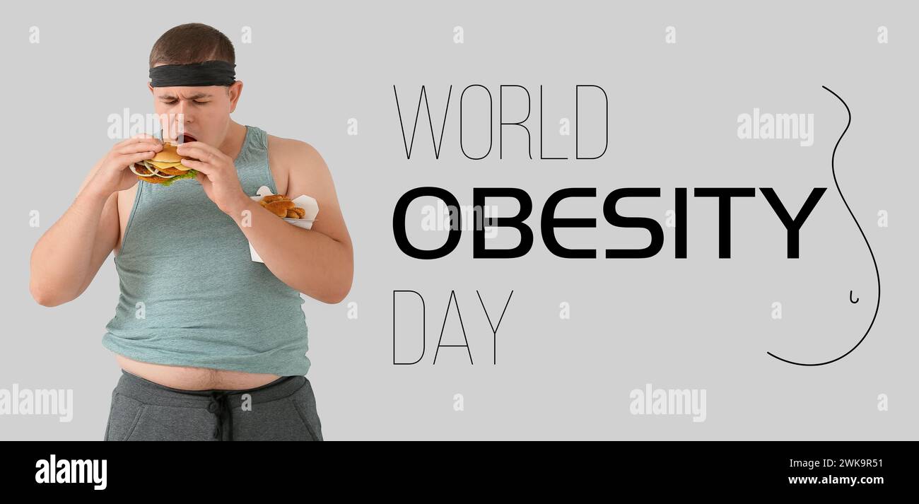 Banner for World Obesity Day with overweight man eating burger Stock ...
