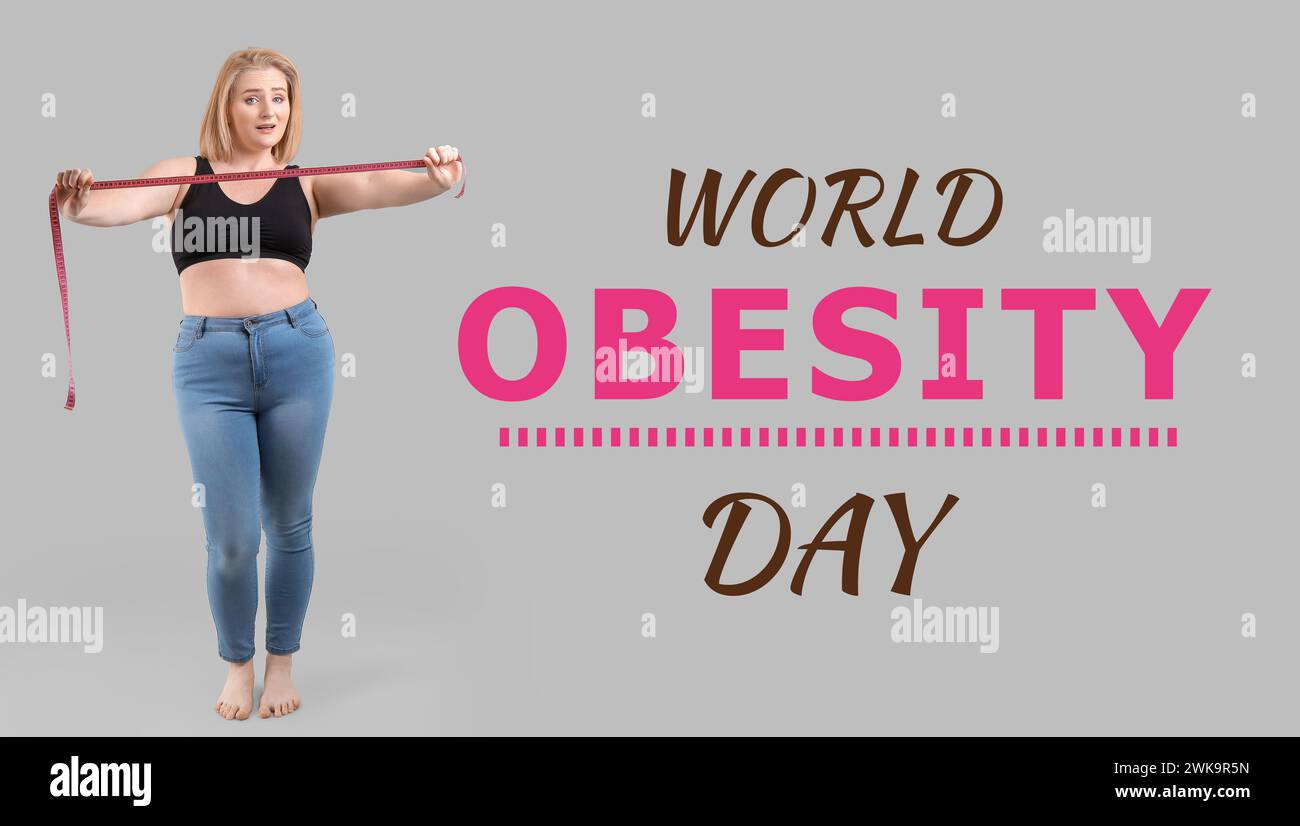 Banner for World Obesity Day with overweight woman holding measuring ...