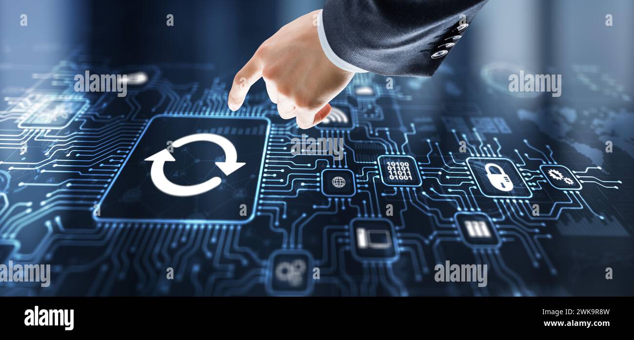 Businessman touching icon Update software application. Hardware upgrade ...