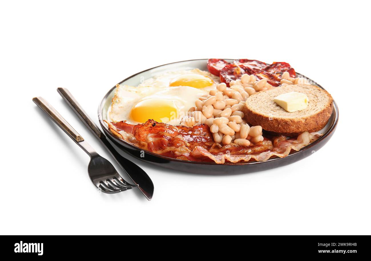Plate of tasty English breakfast with fried eggs on white background ...