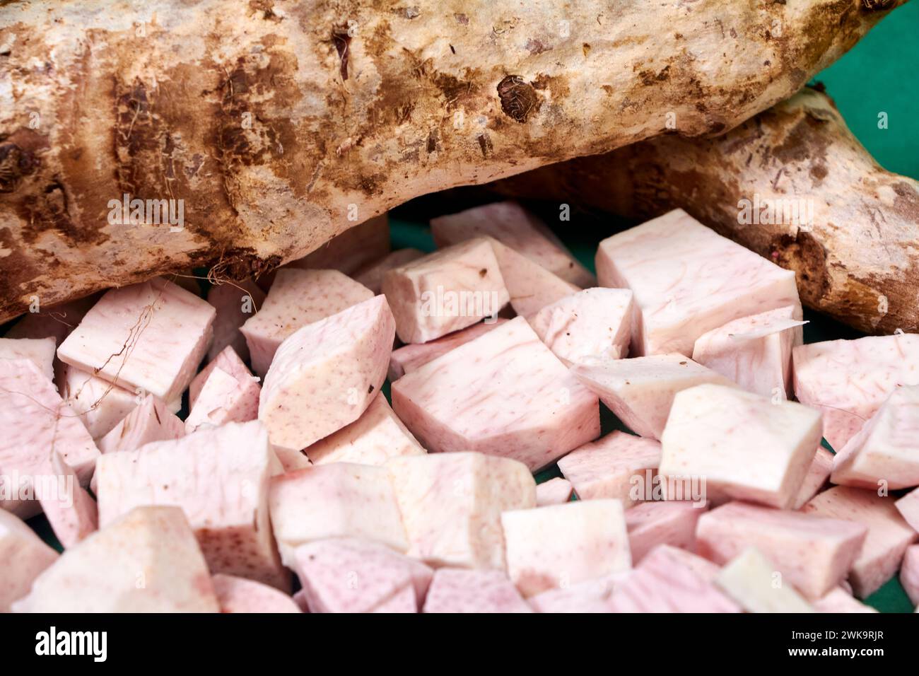 closeup of taro root vegetable, eddo malanga, green background Stock ...