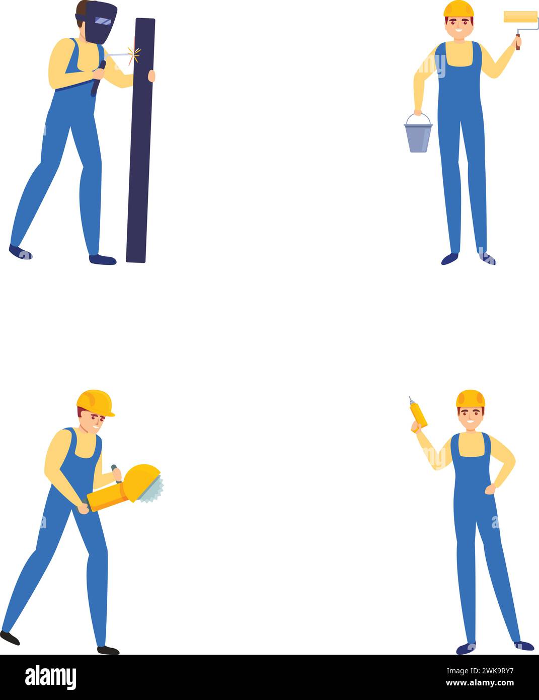 Builder icons set cartoon vector. Man professional builder in hard hat ...