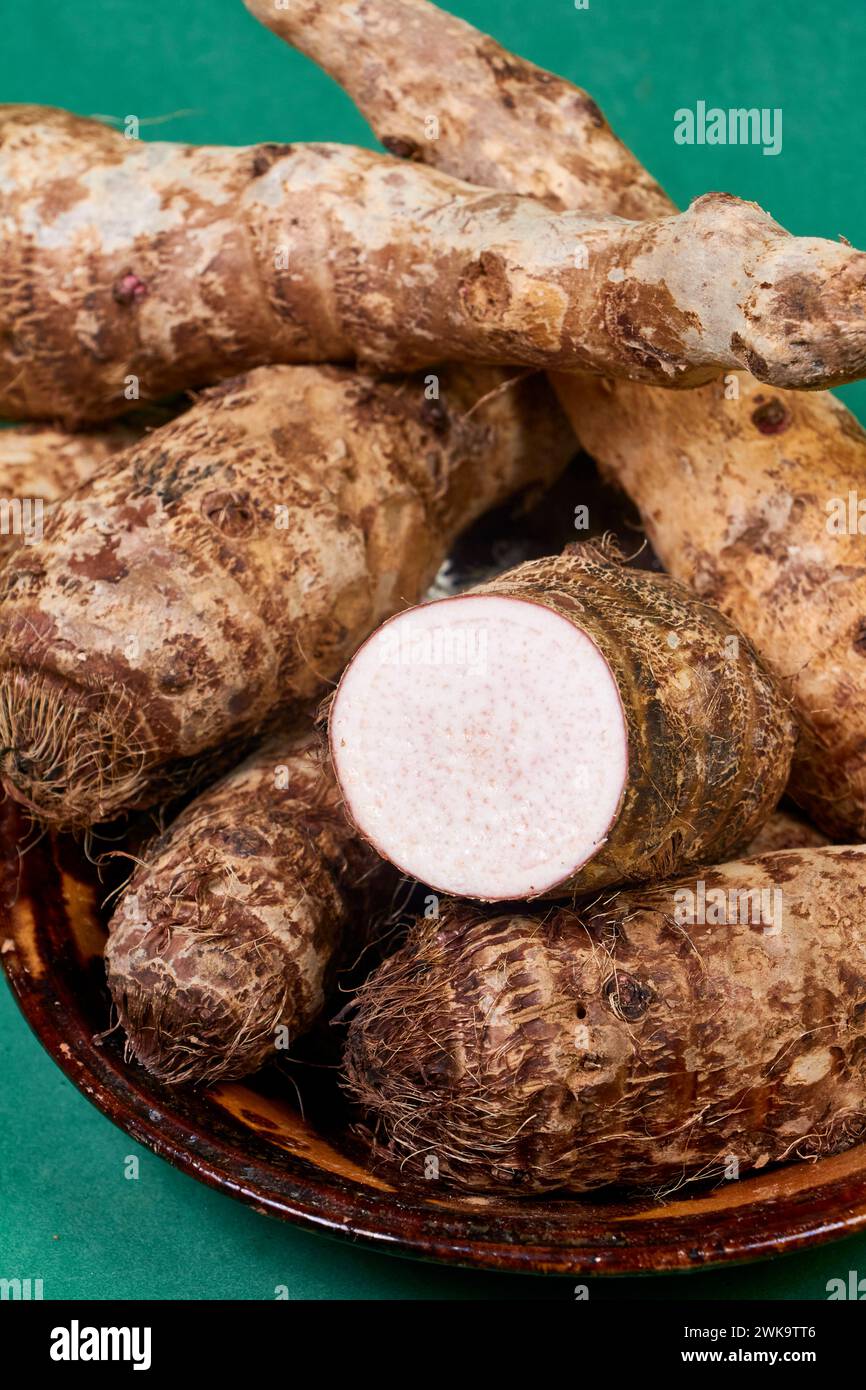 closeup of taro root vegetable, eddo malanga, green background Stock ...