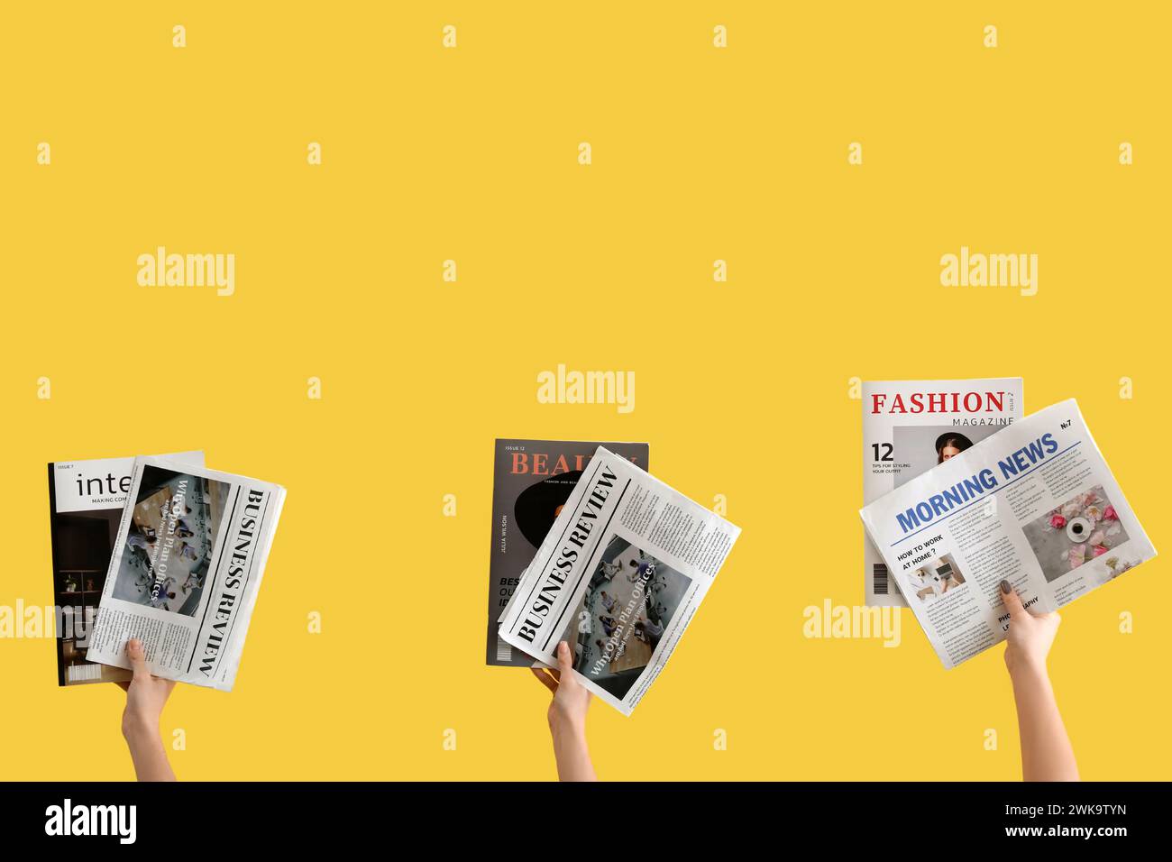 Women with newspapers and magazines on yellow background Stock Photo ...