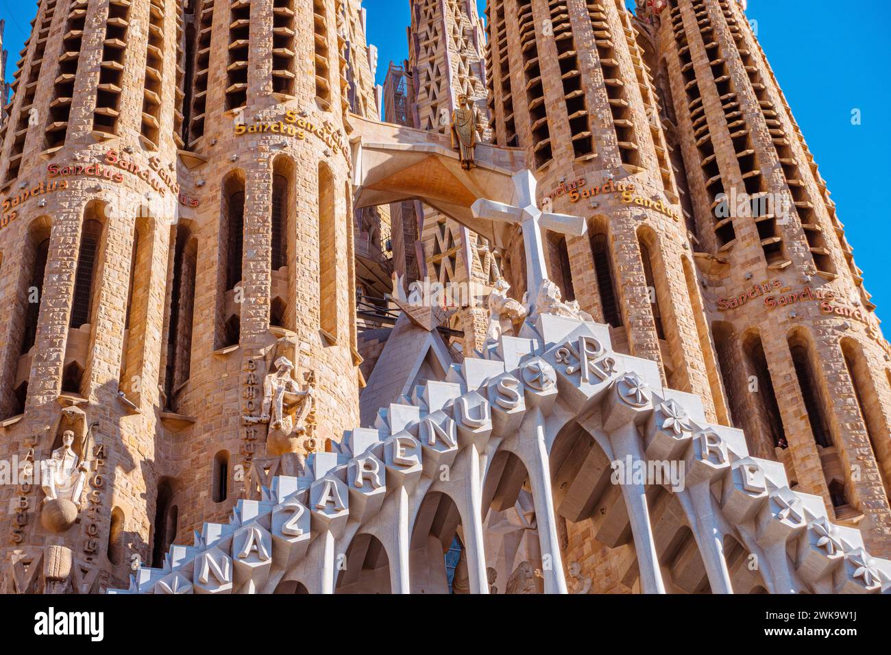 Barcelona, Antoni Gaudi Sagrada Familia Cathedral. Detail of the Facade with towers and the ...