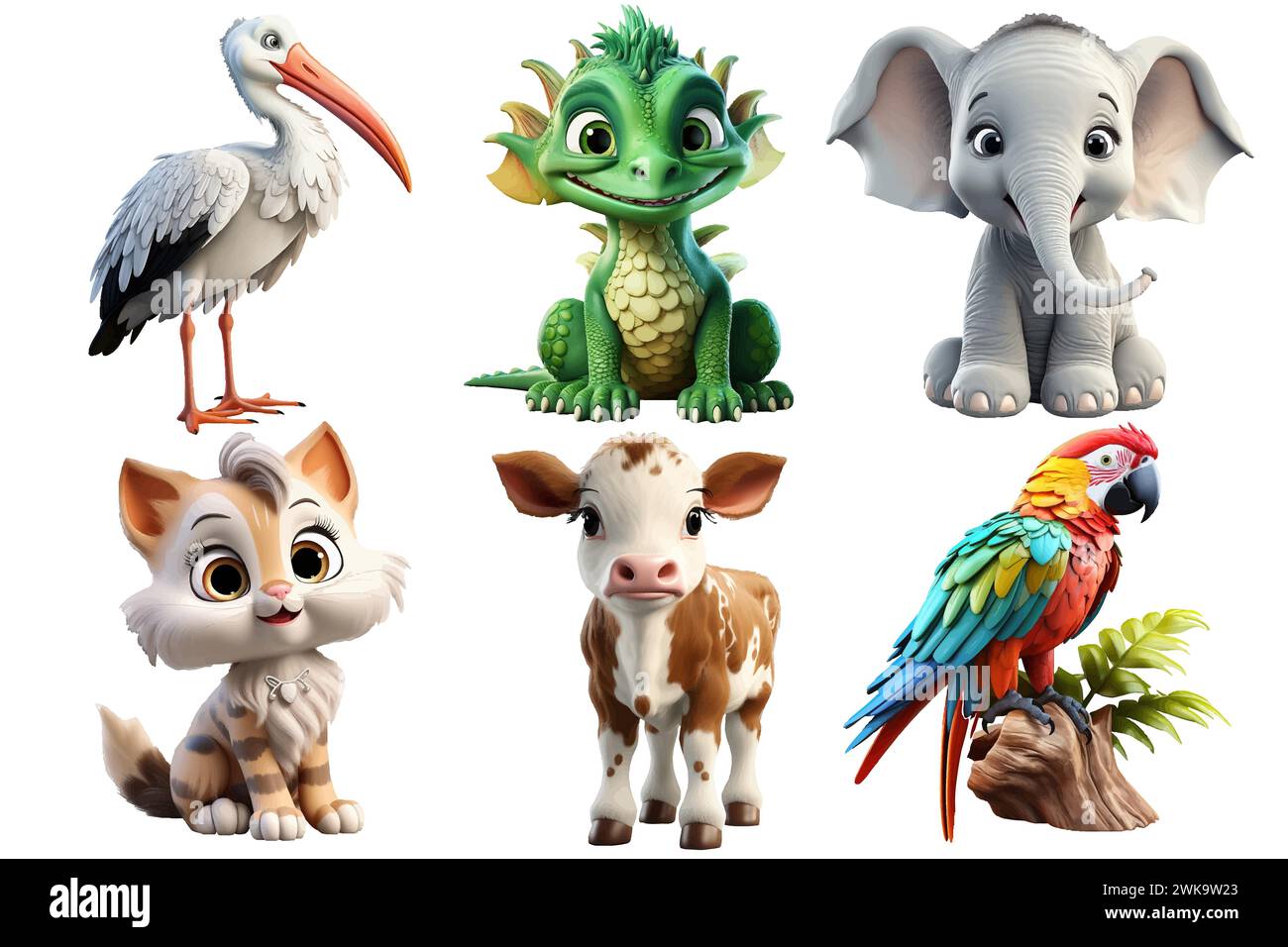 A set of 3d objects Stork, parrot, elephant, cow, cat, dragon isolated ...