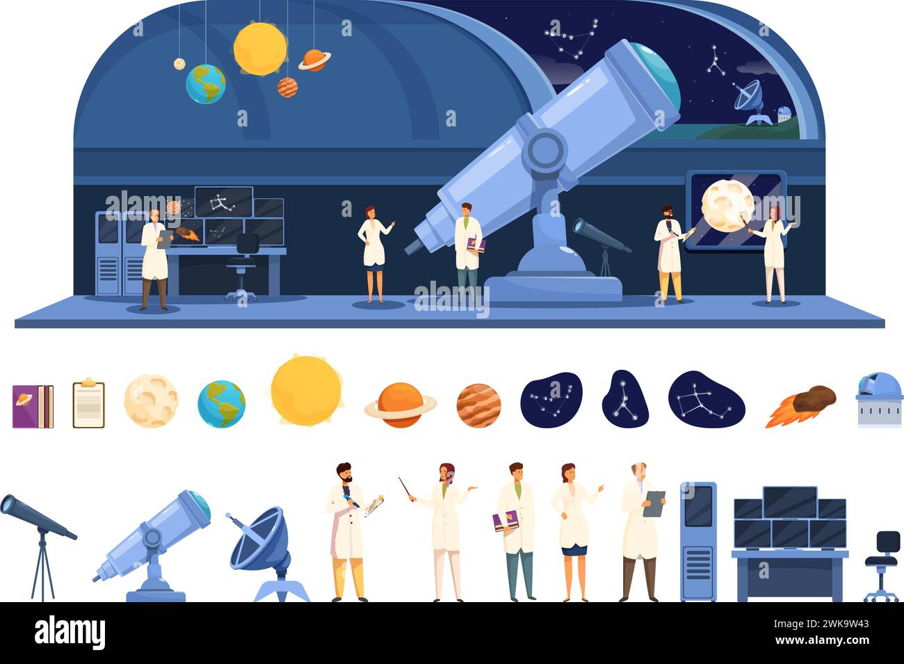 Scientist astronomer icons set cartoon vector. Telescope discovery ...