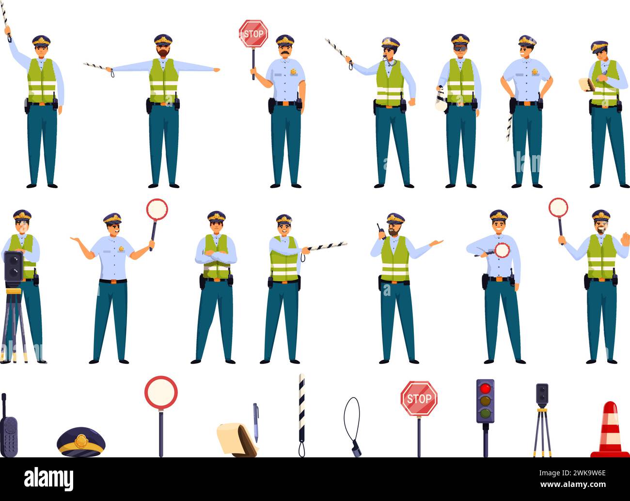 Traffic controller icons set cartoon vector. Policeman road inspector ... Traffic controller icons set cartoon vector. Policeman road inspector ...