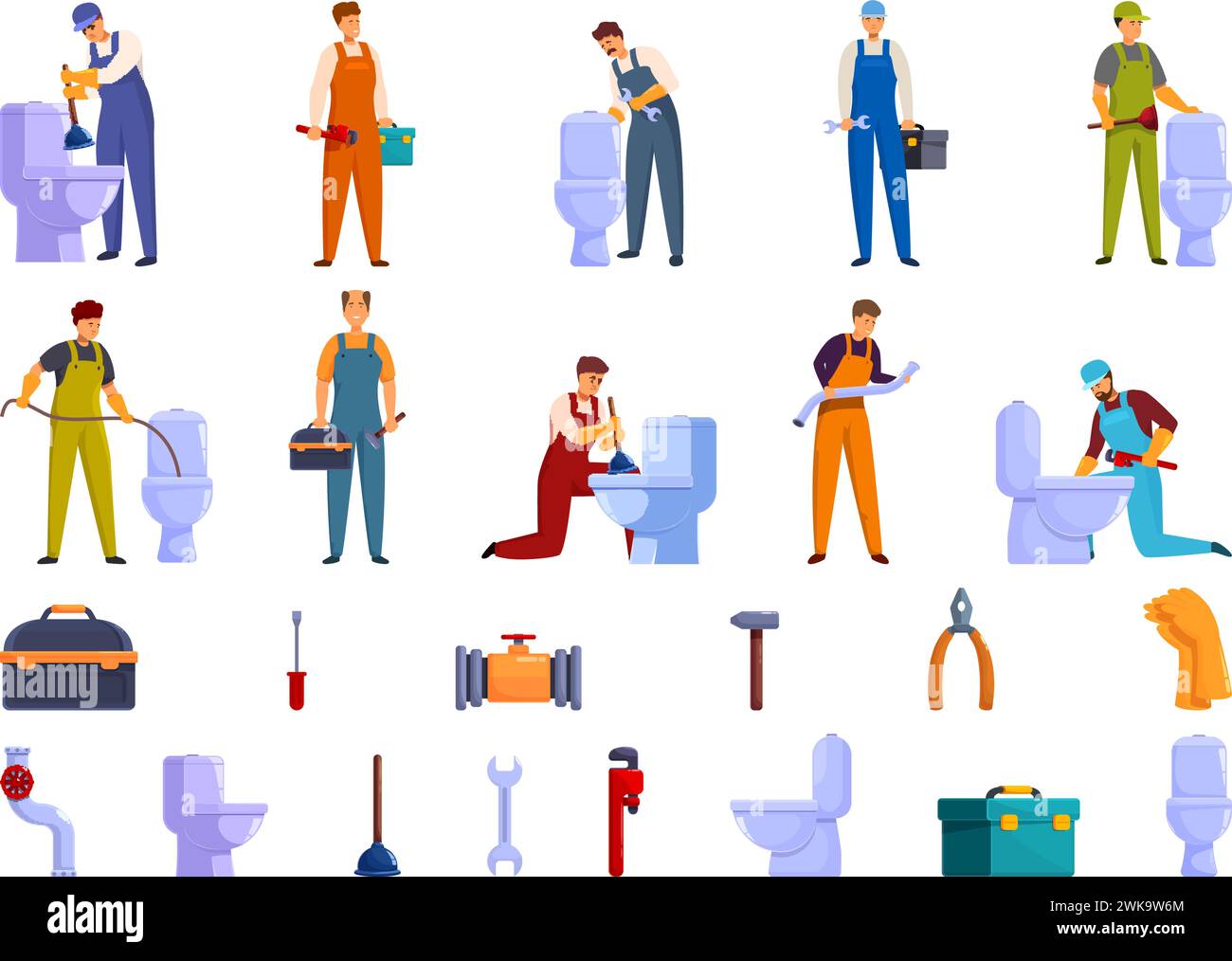 Plumber worker repair toilet icons set cartoon vector. Escape fixing ...