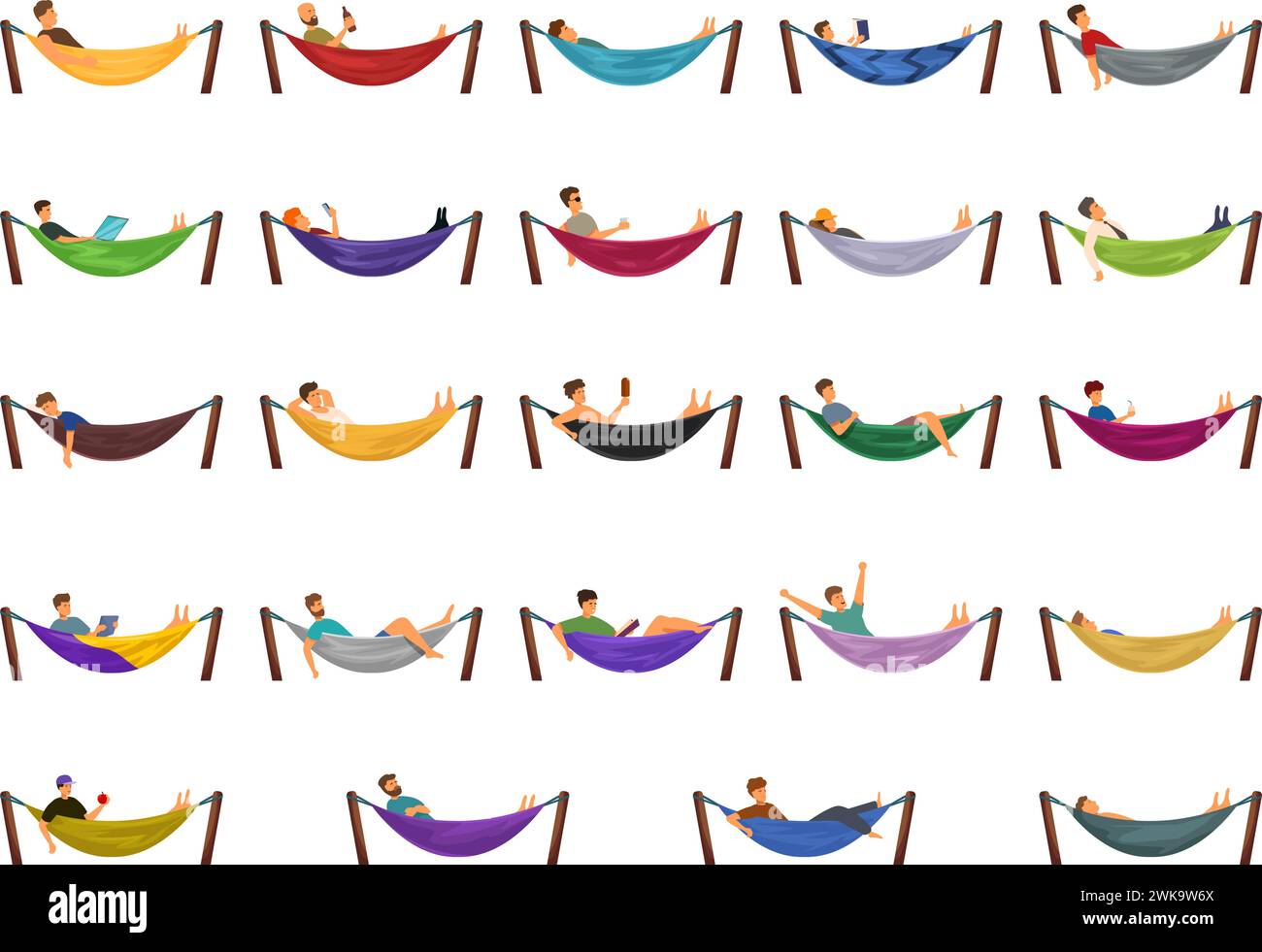 Man relax hammock icons set cartoon vector. Beach vacation. Male ...