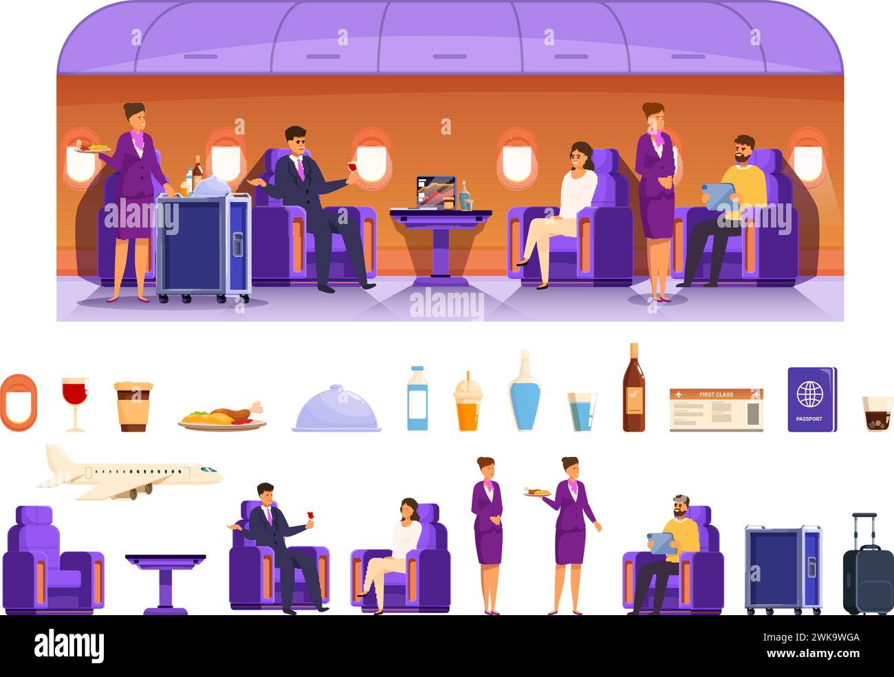 Airplane first class icons set cartoon vector. Plane person onboard ...