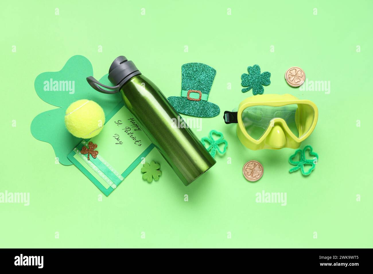 Diving mask, water bottle, tennis ball and decorations for St. Patrick ...