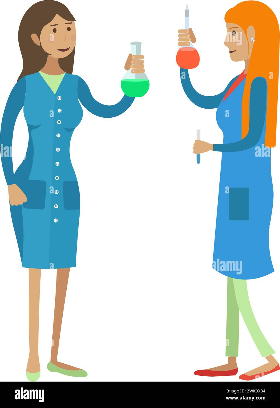 Two young woman laboratory workers conducting chemical experiment ...