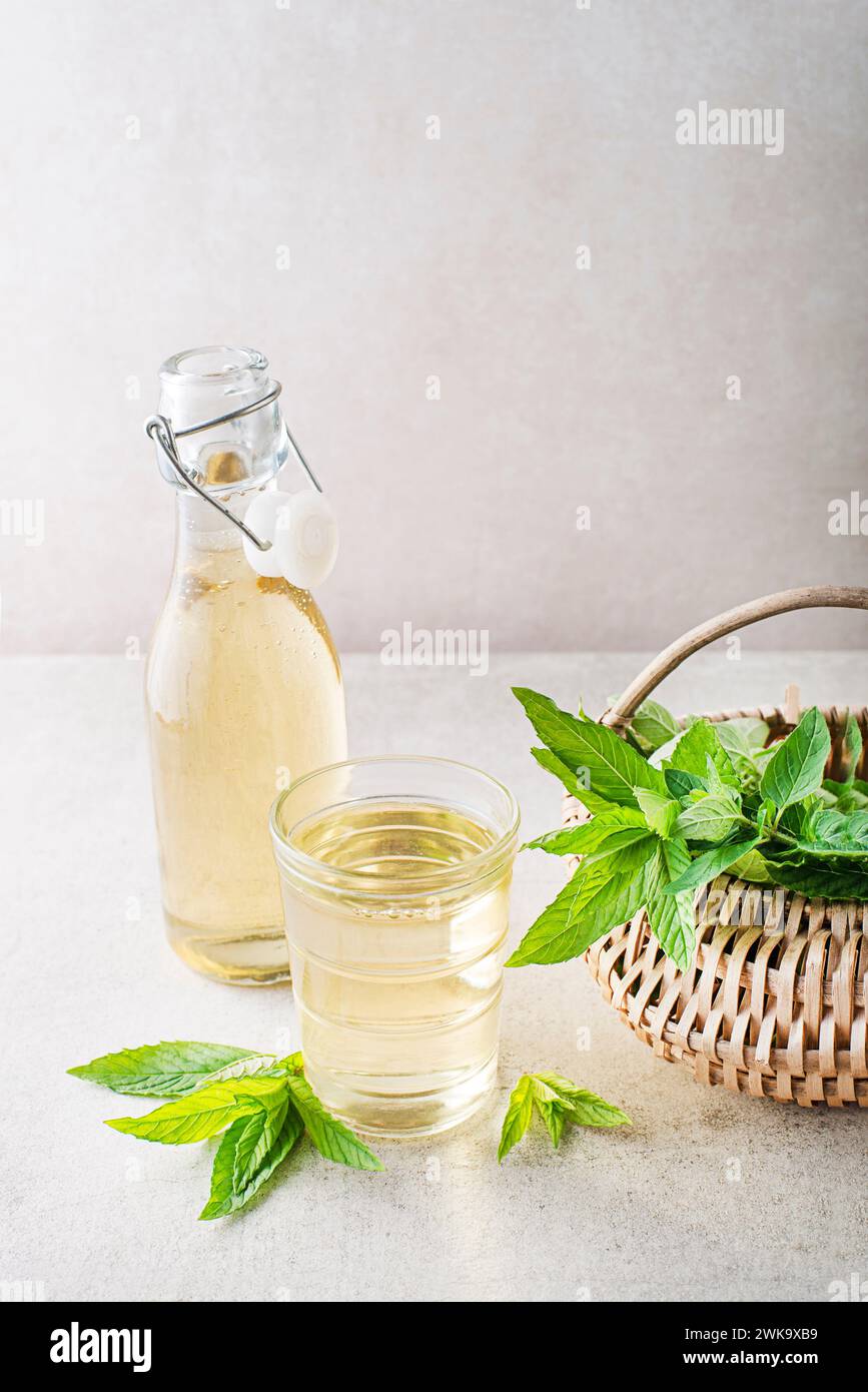 Summer refreshing drink with syrup of fresh mint leaves. Fresh healthy ...