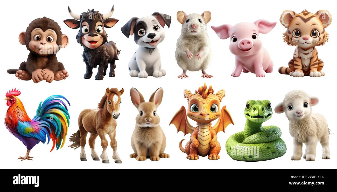 Sheep, pig, cow, chicken, horse and rooster. Cute baby animals isolated ...