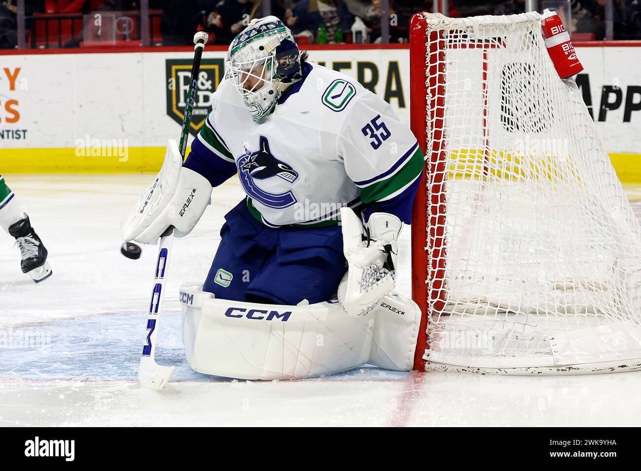 Vancouver Canucks goaltender Thatcher Demko (35) blocks a shot of the ...