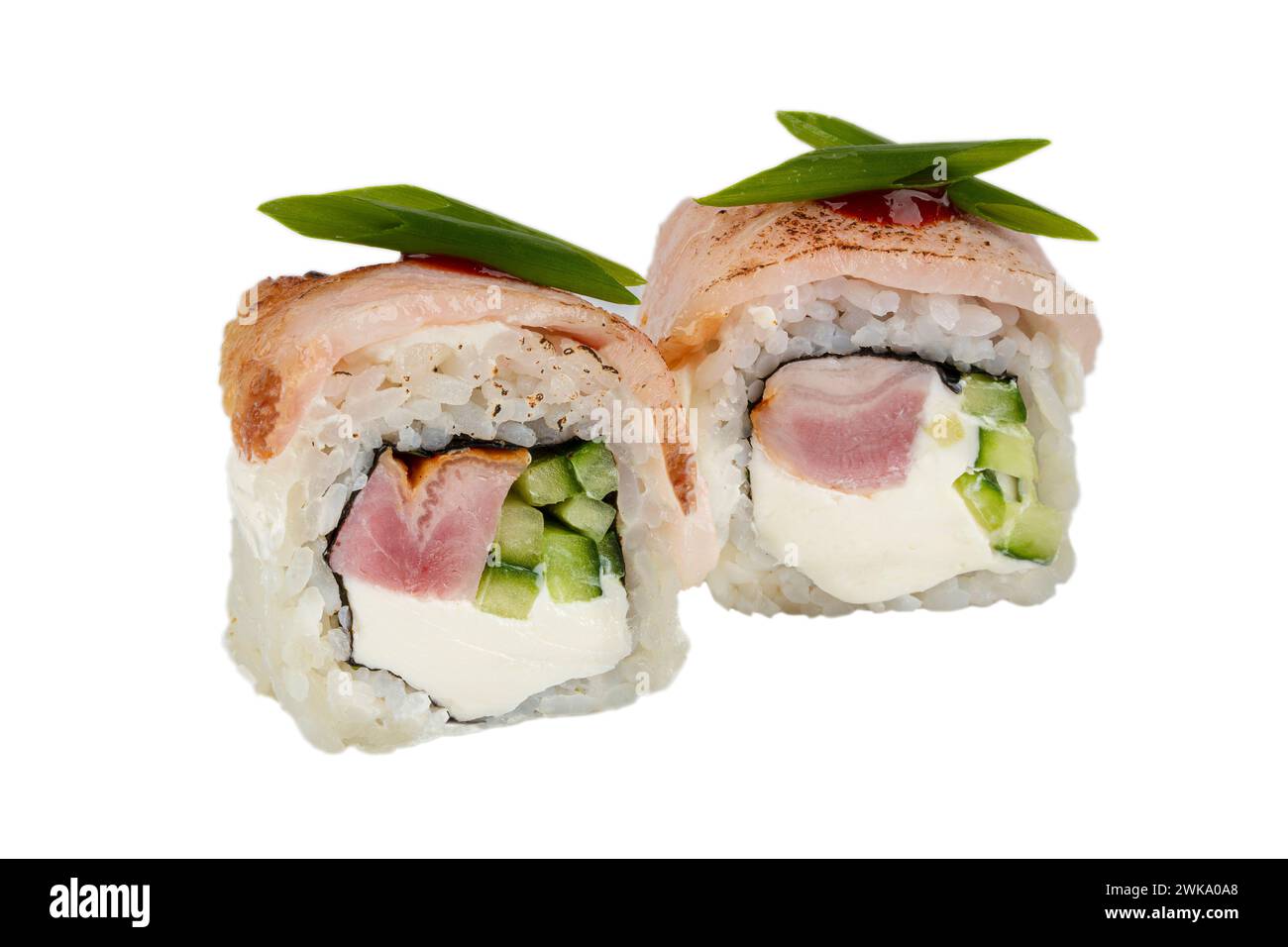 Sushi rolls on a white background. Japanese food of rice, nori seaweed ...