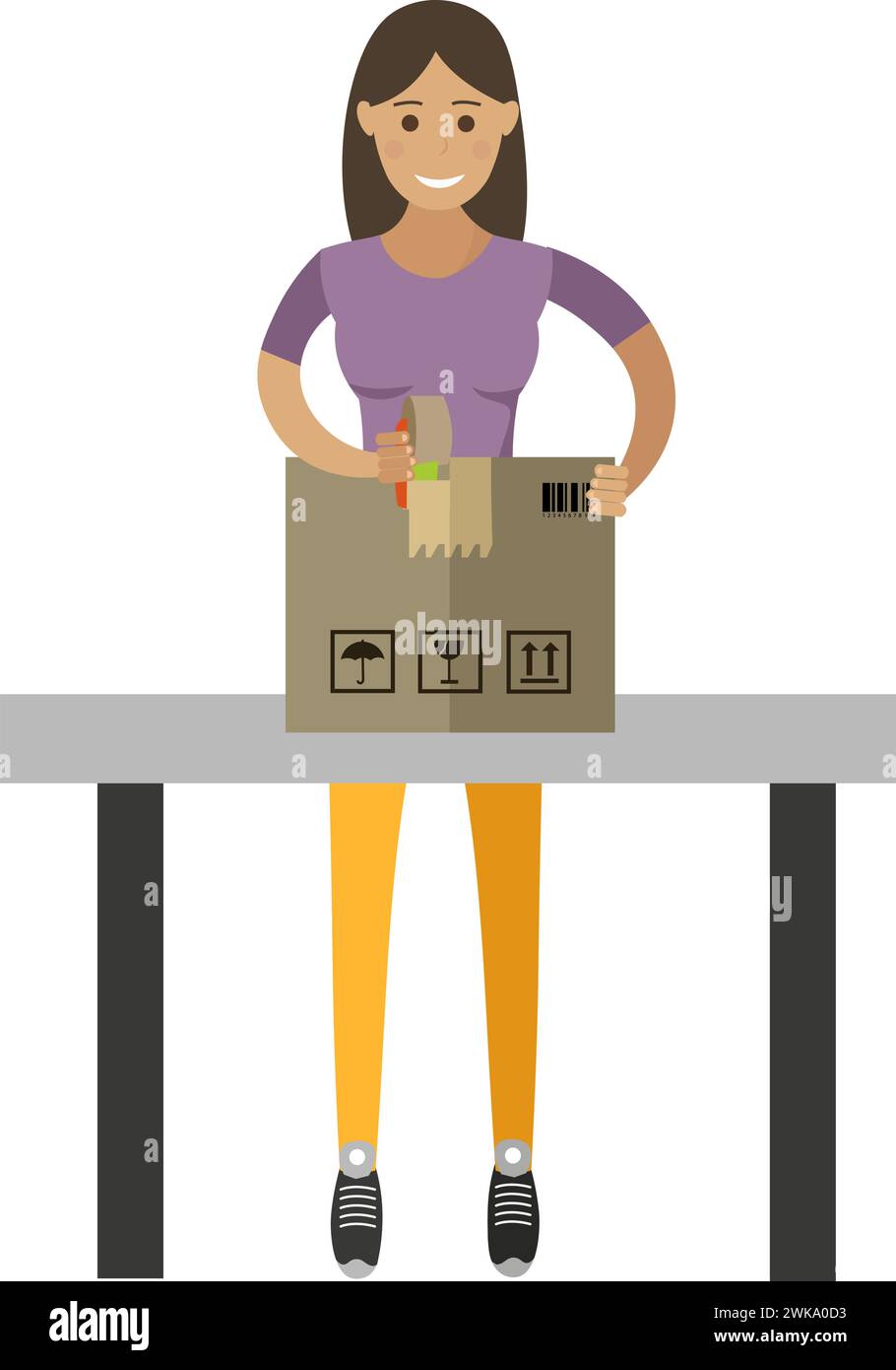 Woman warehouse worker packing parcel vector icon isolated on white ...